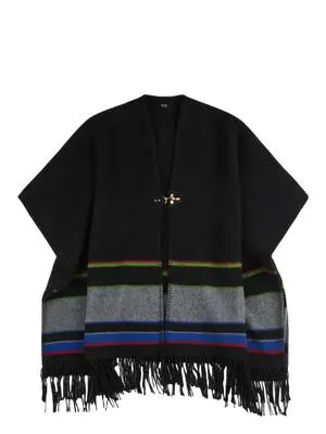 FAY Striped Wool Poncho With Tassels - Blue