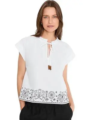 Vince Camuto Ruffle-trimmed V-neck Top With Tasseled Ties And Border Print - Black