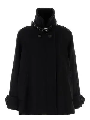 LANVIN Wool Coat With Leather Strap Detail - Black