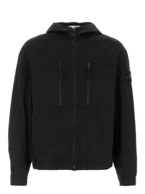 Stone Island Cotton Bomber Jacket With Hood - Black