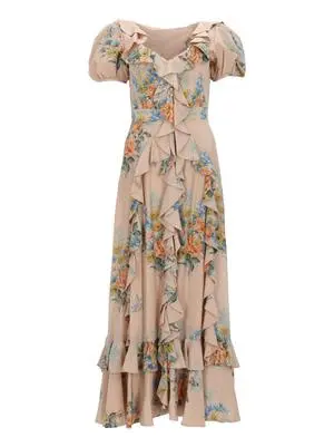 Alexander McQueen Floral Print Ruched Silk Dress - Cream