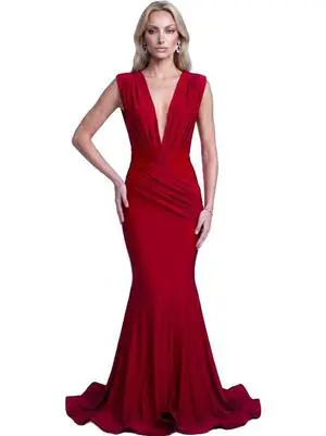 JESSICA ANGEL Ruched Plunge Neck Strappy Back Mermaid Evening Gown - Red