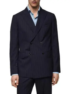 Mango Double Breasted Pinstripe Virgin Wool Blazer - Dark Navy
