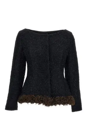 Simone Rocha Long Sleeve Jacket With Pleating And Fur Trim - Black