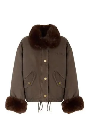 Pinko Cotton Pea Coat With Faux Fur Details - Brown