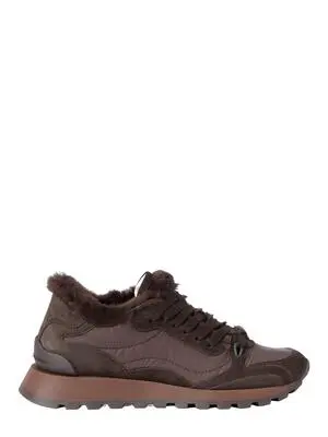Brunello Cucinelli Suede And Techno-fabric Runners With Shearling Lining And Monili - Pepper