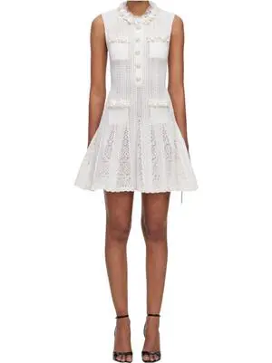 SELF-PORTRAIT Flower Trim Knit Mini Dress - White