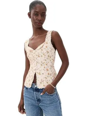 REFORMATION Viola Linen Top With Floral Print And Lace Trim - Julius