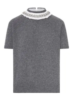 Prada Cashmere Sweater With Jewel Neckline And Back Tie - Gray