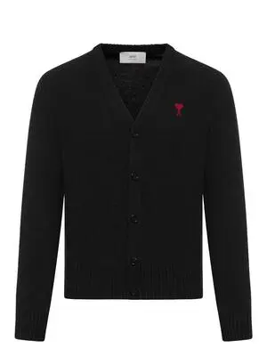 AMI Paris V-neck Embroidered Logo Knit Cardigan - Black