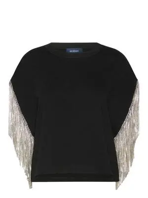 Sportmax Boxy Cotton T-shirt With Rhinestone Fringe - Black