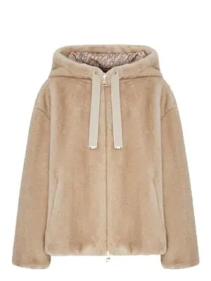 Herno Faux Fur Hooded Jacket With Drawstring - Cream