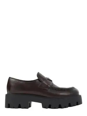 Prada Leather Loafers With Logo Plaque - Brown