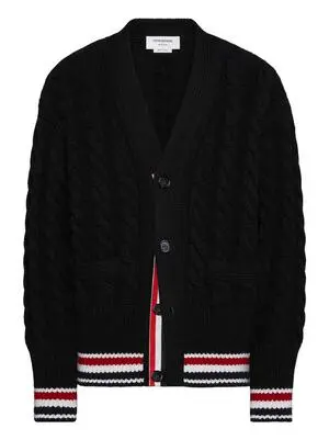 Thom Browne Cable Knit V-neck Cardigan With Stripe Detail - Black