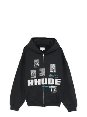 Rhude Cotton Zip-up Hoodie With Logo And Graphic Print - Black