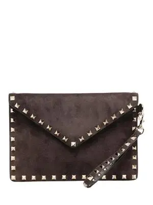 Valentino Garavani Suede Rockstud Clutch With Detachable Wrist Strap - Brown
