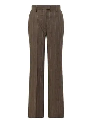 GANNI Pinstripe Wool Straight Leg Trousers - Brown