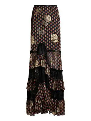 Etro And Multicolour Roses Motif Tiered Maxi Skirt - Black