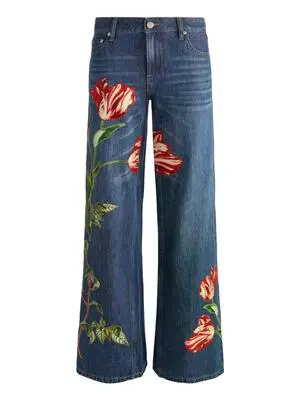 Alice + Olivia Floral Embroidered Wide-leg Jeans - Blue