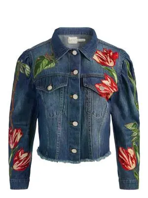 Alice + Olivia Elijah Denim Jacket With Floral Embroidery - Blue