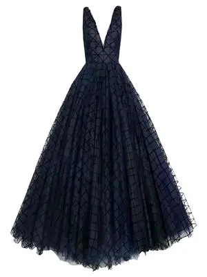Oscar De La Renta Flocked Checked Gown - Blue
