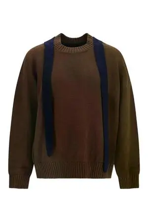 Sacai Wool Crew Neck Sweater With Integrated Scarf Detail - Brown
