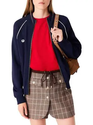 Maje Contrast Trim Zippered Cardigan - Navy