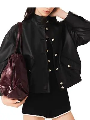 Maje Leather Funnel Neck Jacket - Black