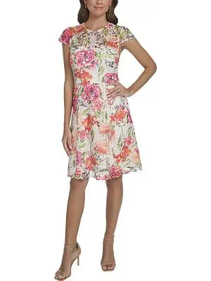 Eliza J Cap Sleeve Lace A-line Dress - Ivory Multi
