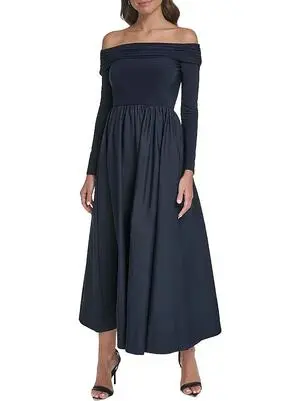 Eliza J Off-the-shoulder Gathered Midi Dress - Navy