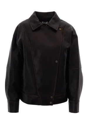 Liu Jo LIU JO Faux Leather Shirt Jacket With Snap-Button Closure Deep Brown