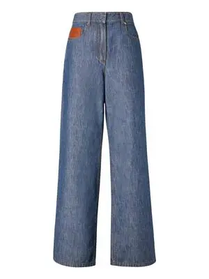 Fendi High-waist Palazzo Jeans With Leather Watch Pocket - Navy