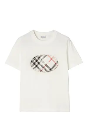 Burberry Crew Neck T-shirt With Knight Stamp Check Detail - Bianco