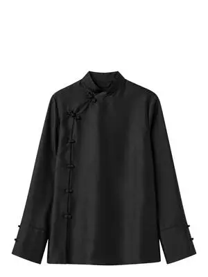 RÓHE Silk Mandarin Collar Top With Asymmetrical Knot Front - Black