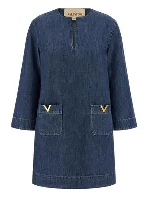 Valentino Garavani Denim Dress With Vgold Pockets - Blue