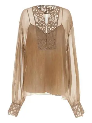 ERMANO SCERVINO Silk Floral Carving Blouse - Cream