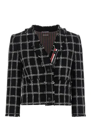 Thom Browne Tweed Blazer With Windowpane Check And Frayed Details - Multicolor