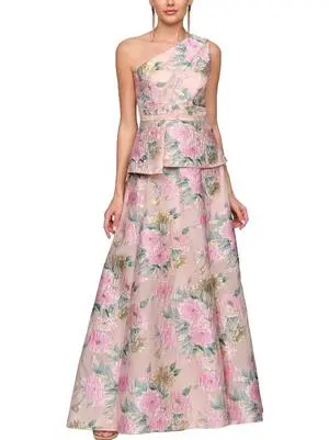 Js Collections Floral Metallic Jacquard Peplum Gown - Blush Multi