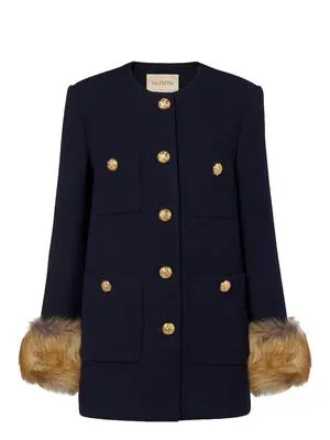 Valentino Garavani Shearling-trimmed Wool-blend Tweed Jacket - Blue