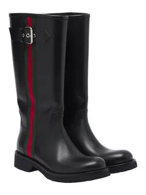 Gucci Web Stripe Leather Biker Boots - Black