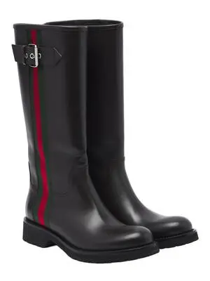 Gucci Web Stripe Leather Biker Boots - Brown