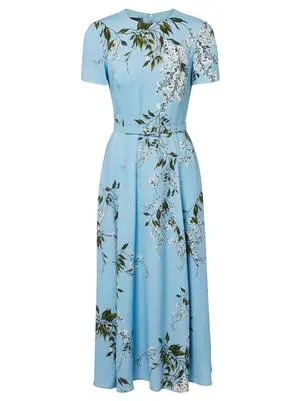 Monique Lhuillier Floral Belted Midi Dress - Blue