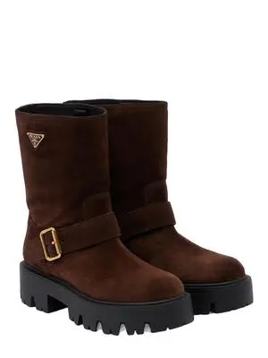 Prada Logo Suede Biker Boots - Brown