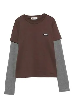 Miu Miu Cotton Jersey Striped Sleeve Top - Brown