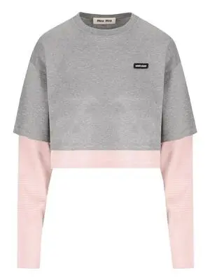 Miu Miu Cropped Jersey Top With Layered Sleeves - Gray