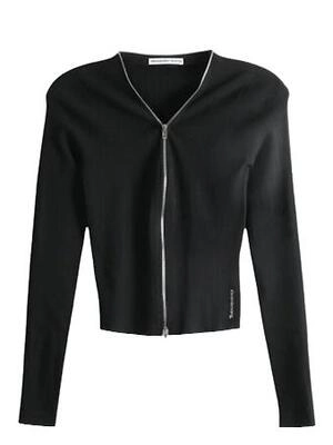 Alexander Wang V-neck Pointelle Zip Long Sleeve Cardigan - Black