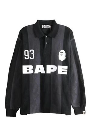 A BATHING APE Sta Stripe Pattern Jacquard Logo Relaxed Fit Long Sleeve Tee Shirt - Black
