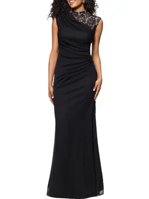 Betsy & Adam Lace Detail Mixed Media Gown - Black/nude