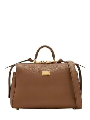 Dolce & Gabbana Vittoria Leather Tote Bag With Logo Plaque - Brown
