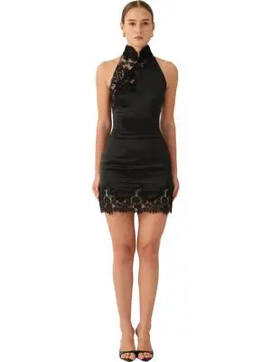 SAU LEE Elva Mini Dress With Mandarin Collar And Lace Trims - Black